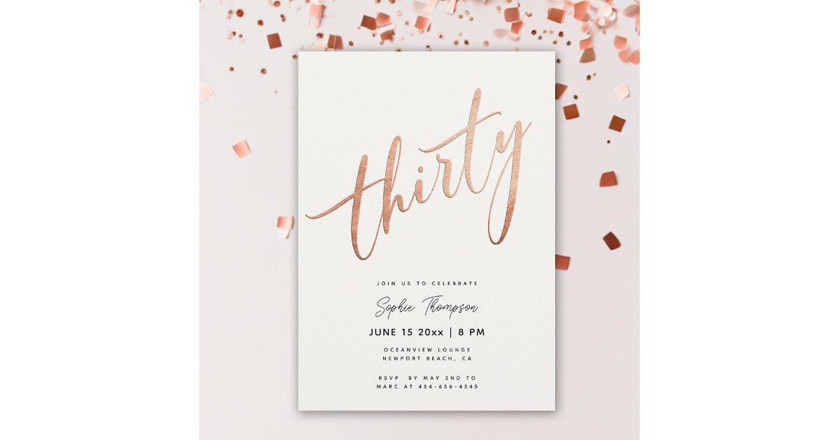 White Rose Gold Minimalist Elegant 30th Birthday Invitation | Zazzle