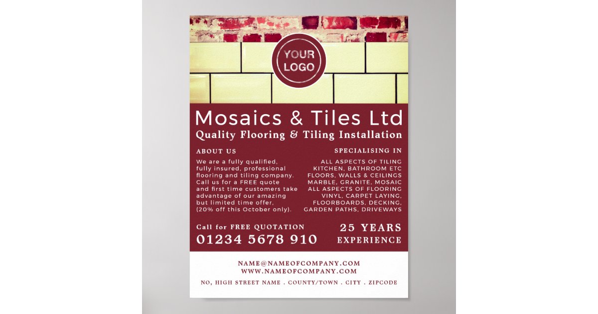 White Tiles, Floorer, Tile Installer Advertising Poster | Zazzle