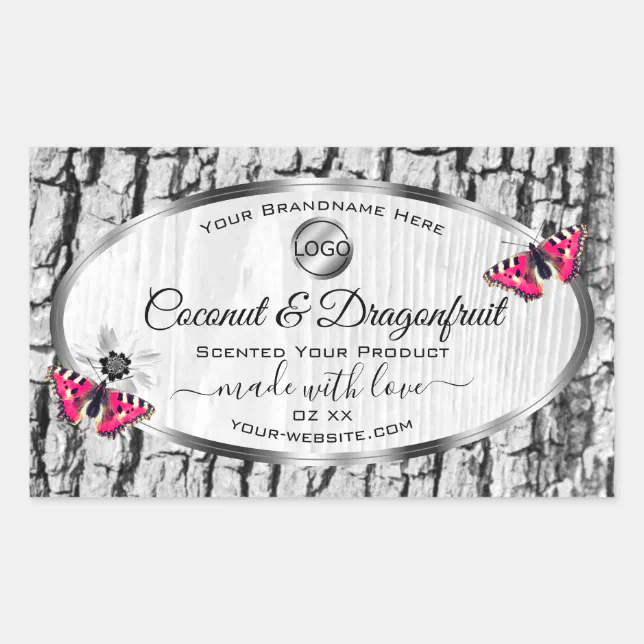 White Tree Bark Pink Butterfly Product Labels Logo | Zazzle