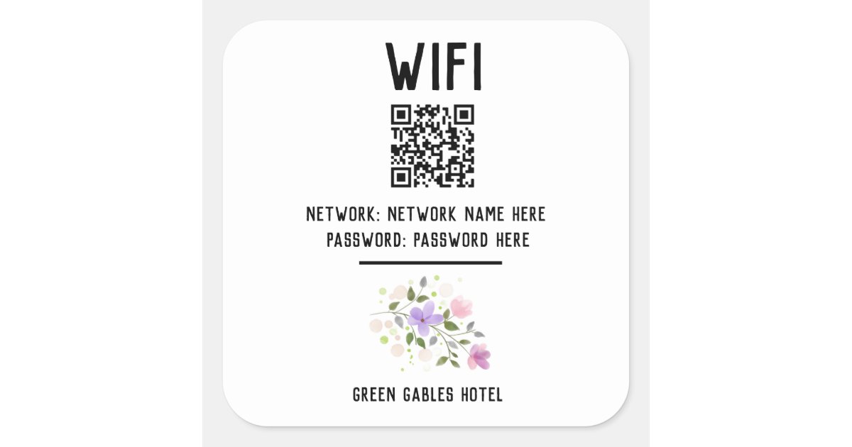WiFi Code With QR Code & Floral Design Square Sticker | Zazzle
