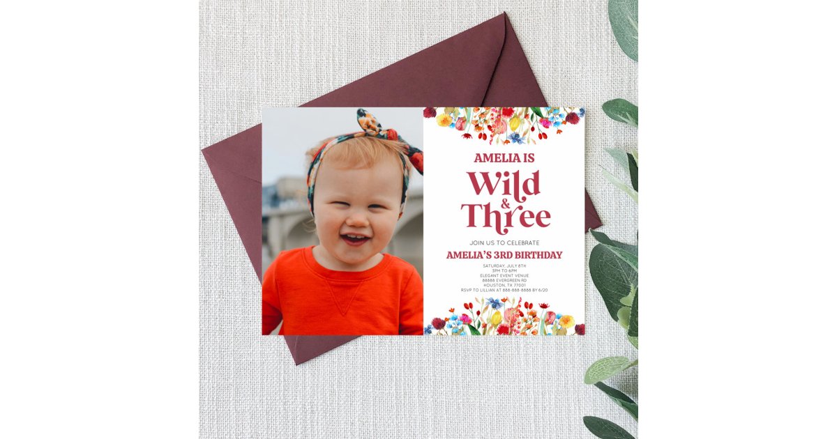 Wild and Three Wildflower Third 3rd Birthday Party Invitation | Zazzle