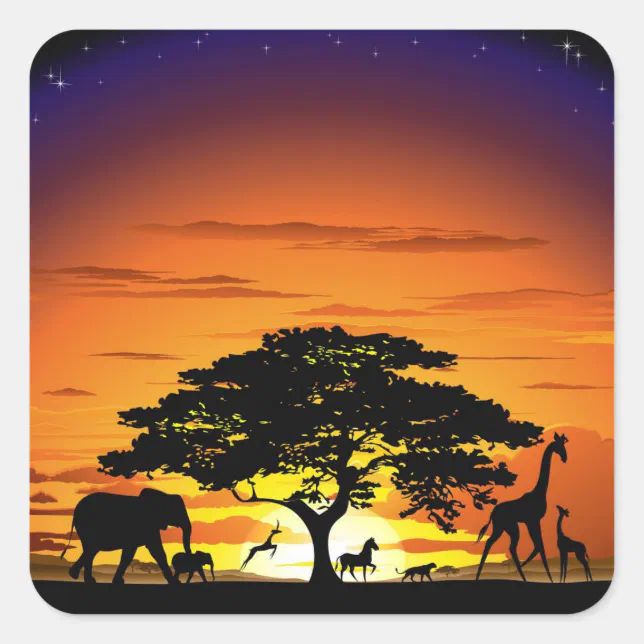Wild Animals on African Savanna Sunset Square Sticker | Zazzle