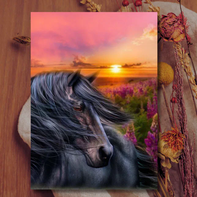 Wild Black Stallion Mustang Horse Fantasy Card | Zazzle