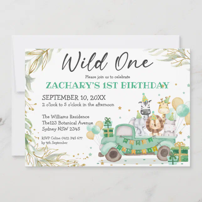Wild One Animals Greenery Gold Safari 1st Birthday Invitation | Zazzle