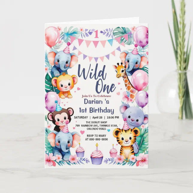 Wild One Cute Animals Balloon cupcake 1st Birthday Invitation | Zazzle