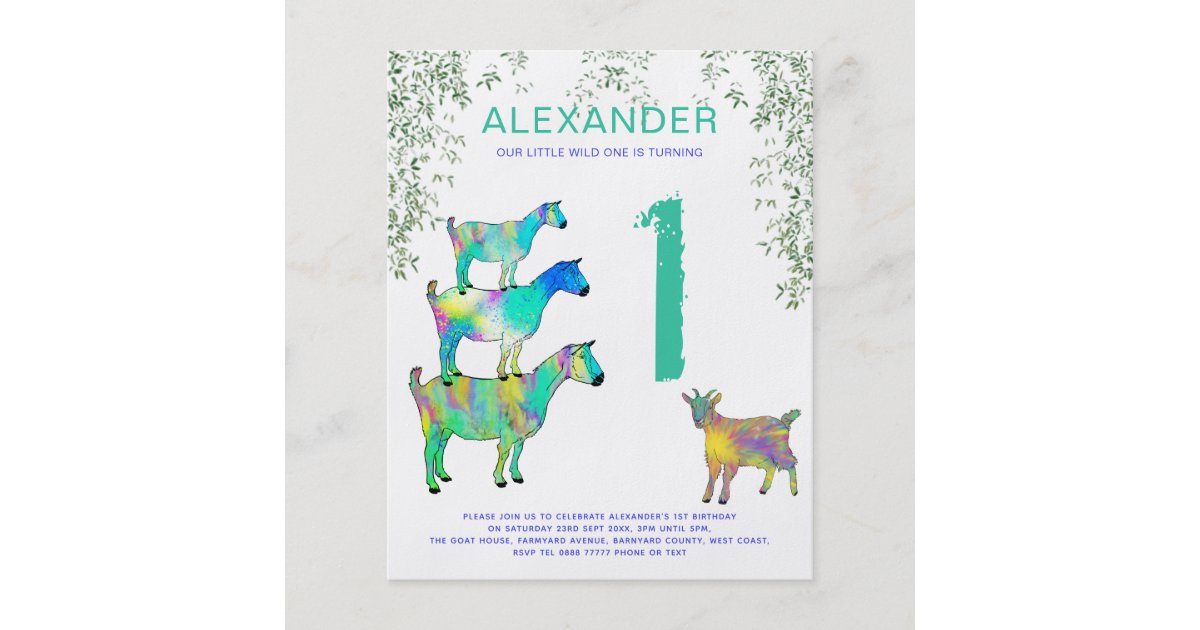 Wild One Goat 1st Birthday Party Budget Invitation Flyer | Zazzle