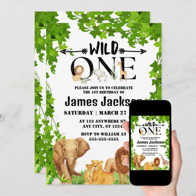 Wild One Jungle Safari Kids Themed 1st Birthday Invitation | Zazzle