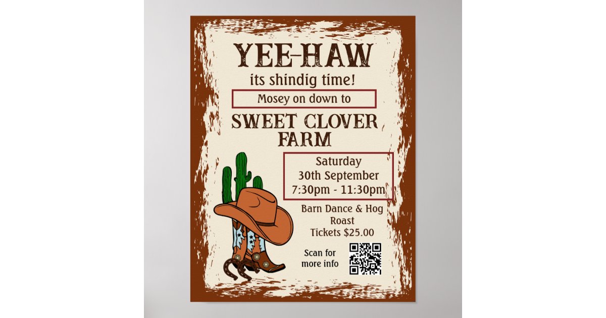 Wild West Rustic Cowboy Western Party QR Code Poster | Zazzle