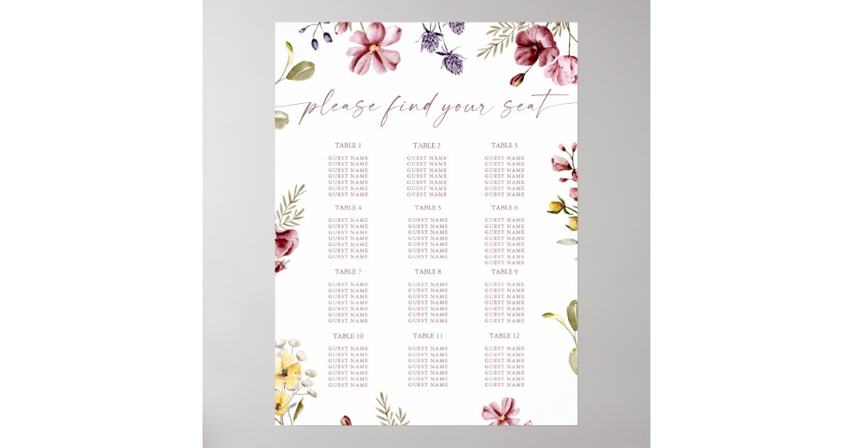 Wildflower Birthday Seating Chart Poster | Zazzle
