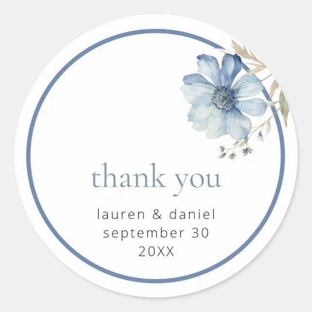Wildflower Blue Wedding Thank You Classic Round Sticker | Zazzle