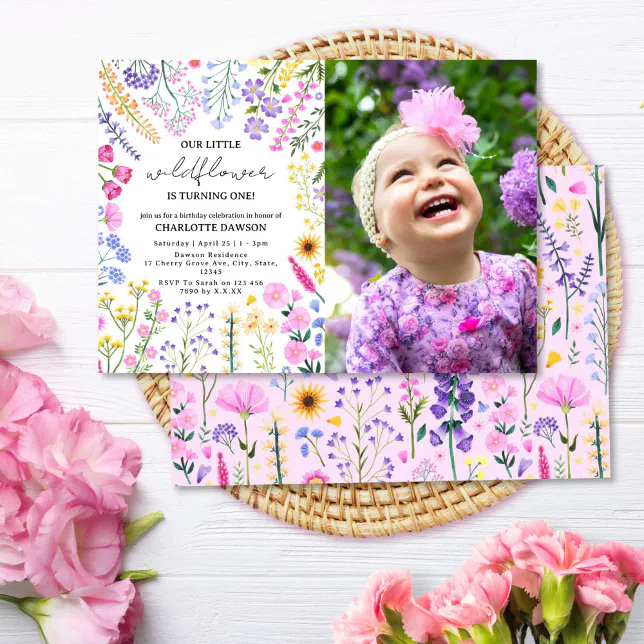 Wildflower is Turning One First Birthday Photo Invitation | Zazzle