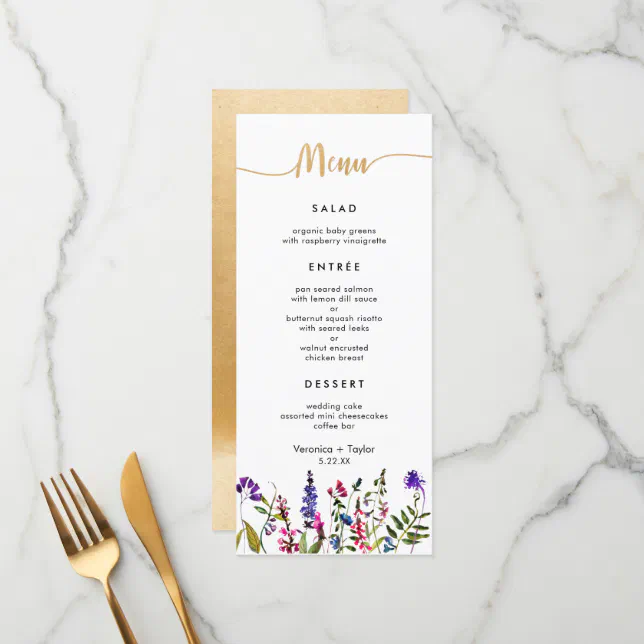 Wildflower Simple 3 course wedding menu | Zazzle