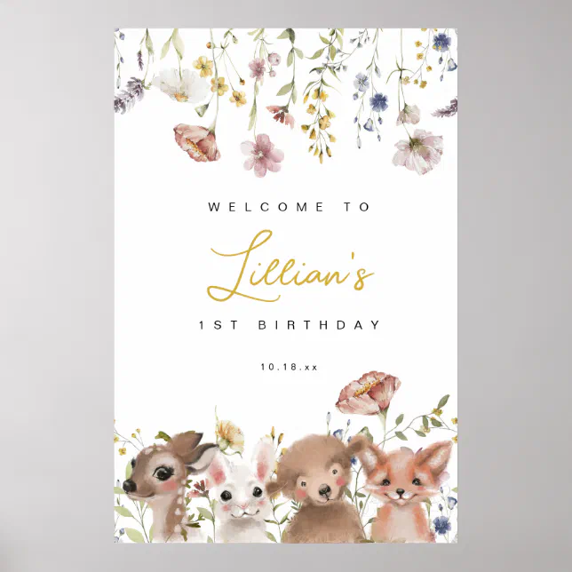 Wildflowers and Woodland Animals Birthday Welcome Poster | Zazzle