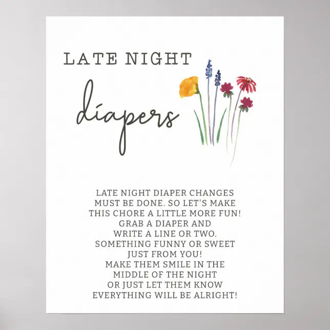 Wildflowers Late Night Diapers Baby Shower Game Poster | Zazzle