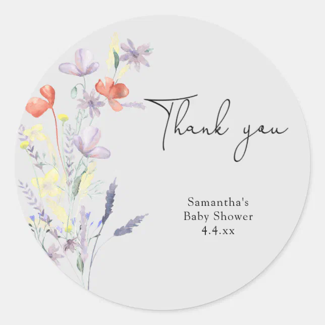 Wildflowers thank you baby shower classic round sticker | Zazzle