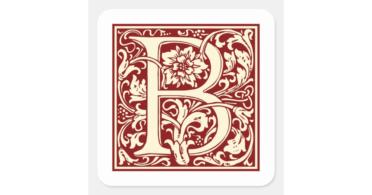 William Morris Letter B Monogram Initial Red Square Sticker | Zazzle