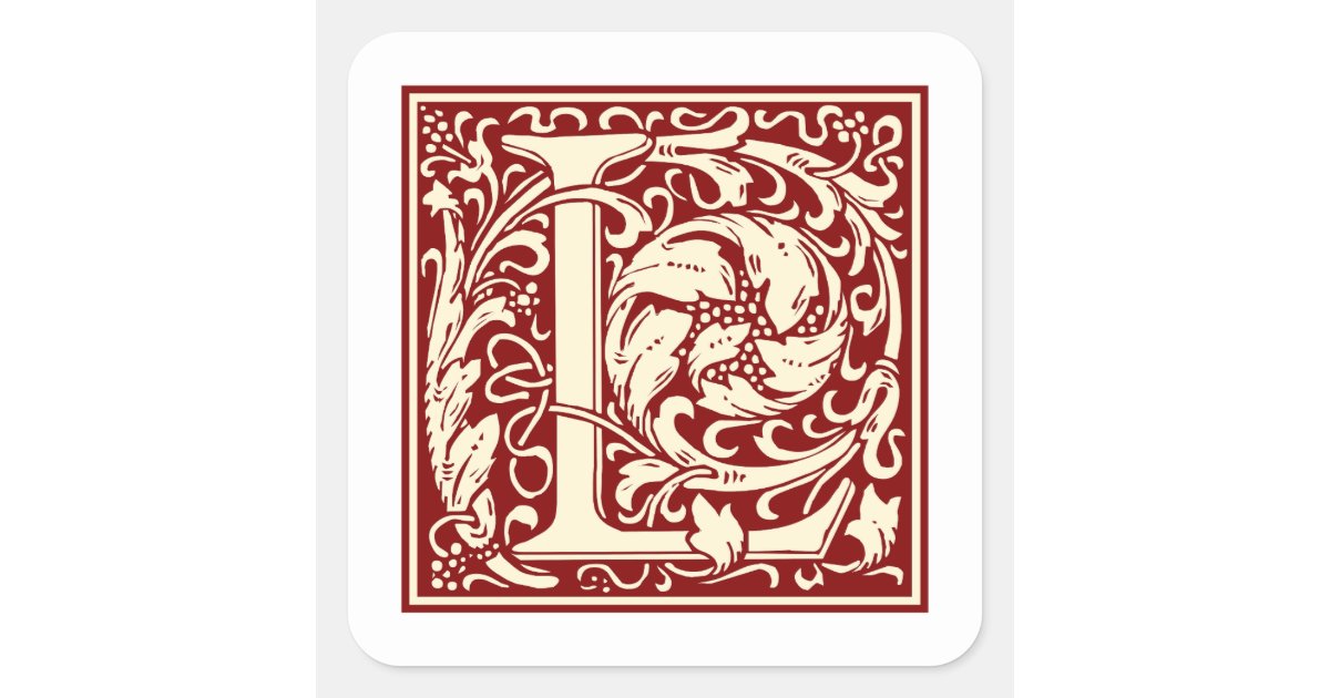 William Morris Letter L Monogram Initial Red Square Sticker | Zazzle