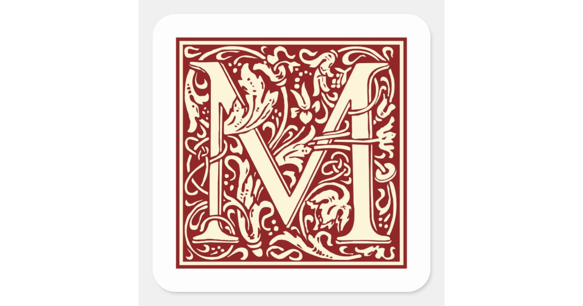 William Morris Letter M Monogram Initial Red Square Sticker | Zazzle