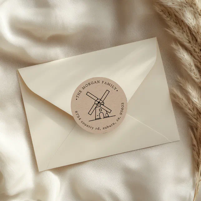 Windmill Illustration Return Address Monogram Classic Round Sticker ...