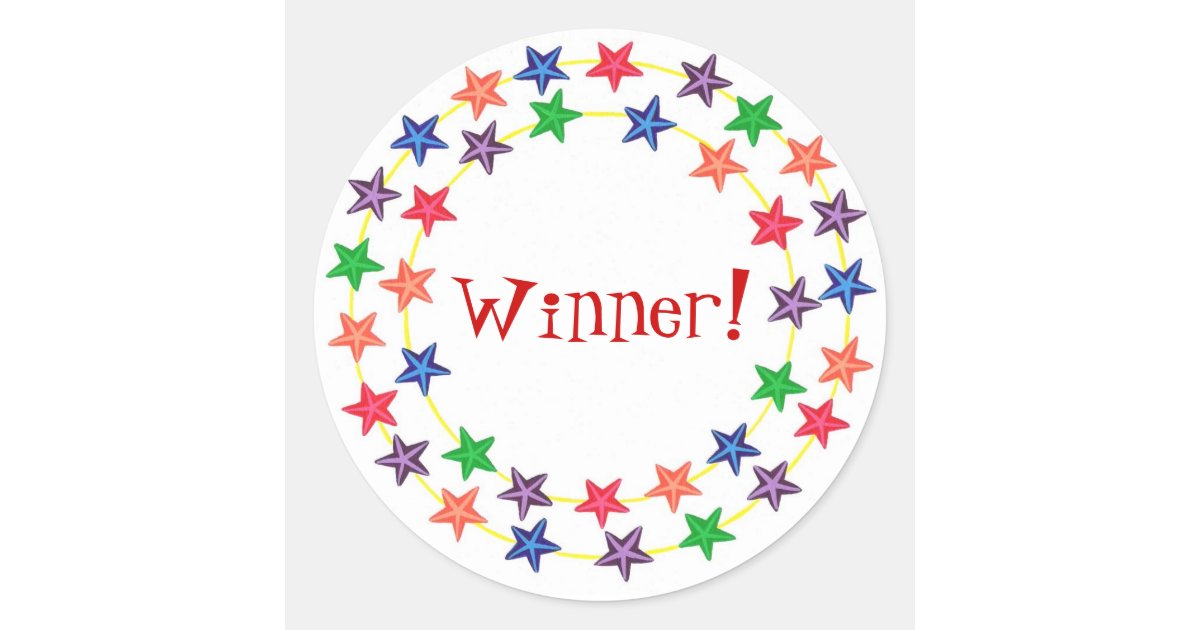 Winner!, stickers, with colourful stars classic round sticker | Zazzle