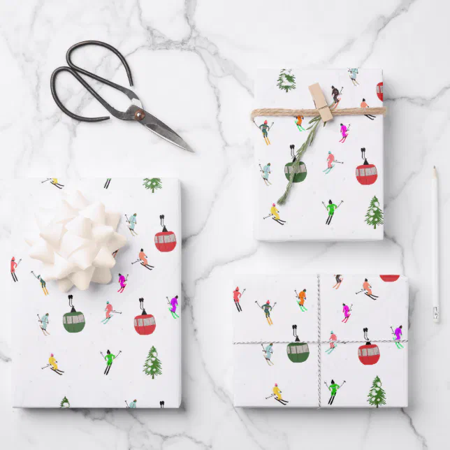 Winter Downhill Skiers Skiing Pattern Wrapping Paper Sheet | Zazzle