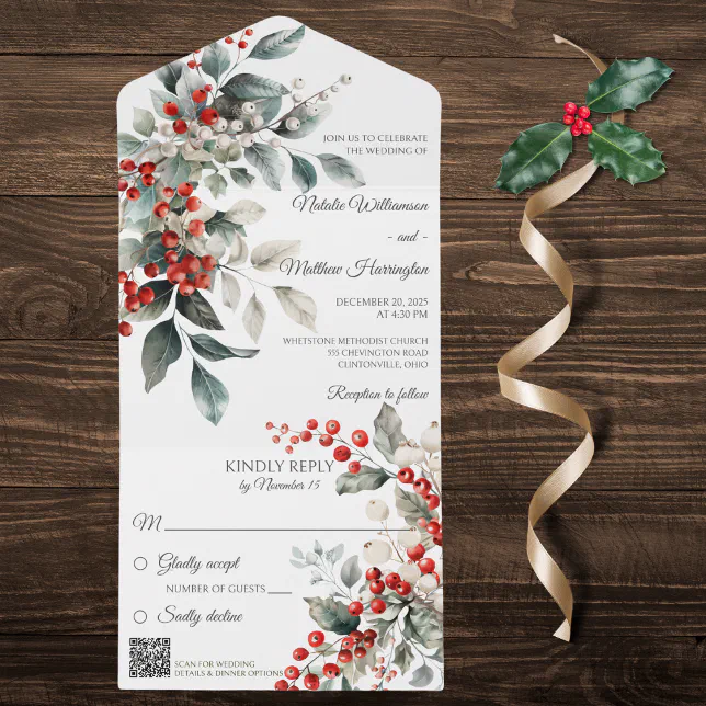 Winter Holly Berry with QR Code All In One Invitation | Zazzle