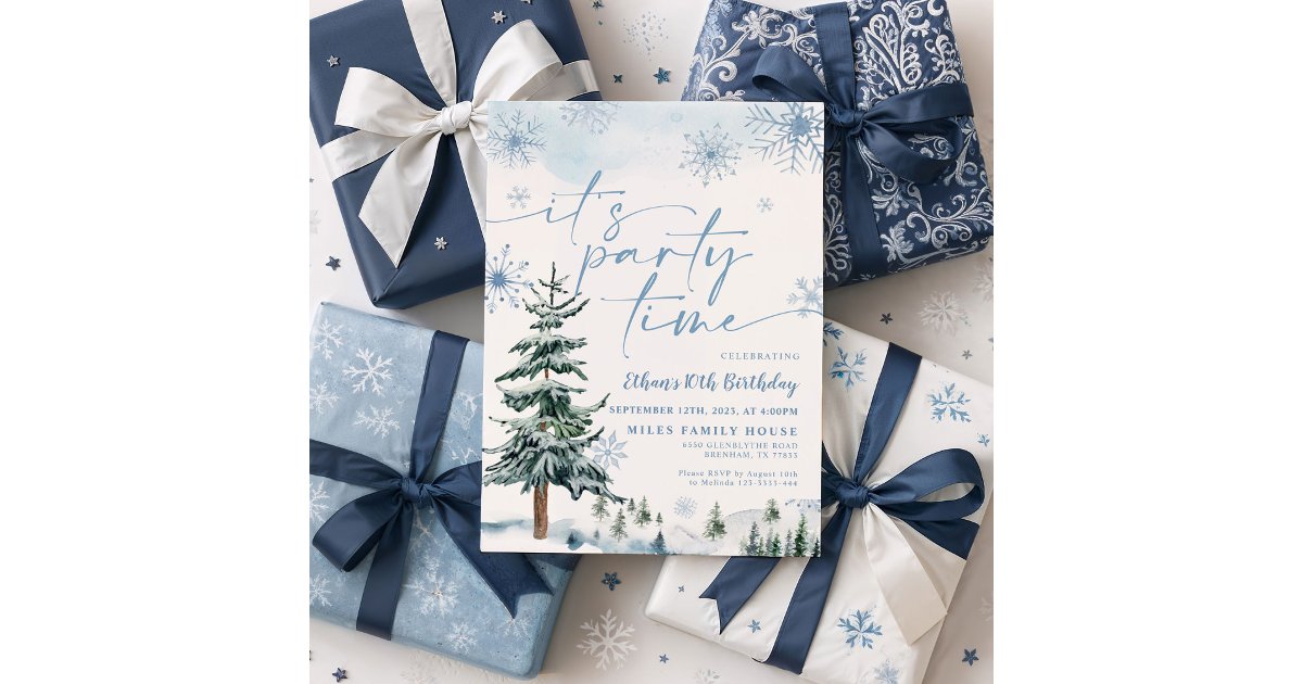 Winter It's Party Time, Blue Winter Birthday Invitation | Zazzle