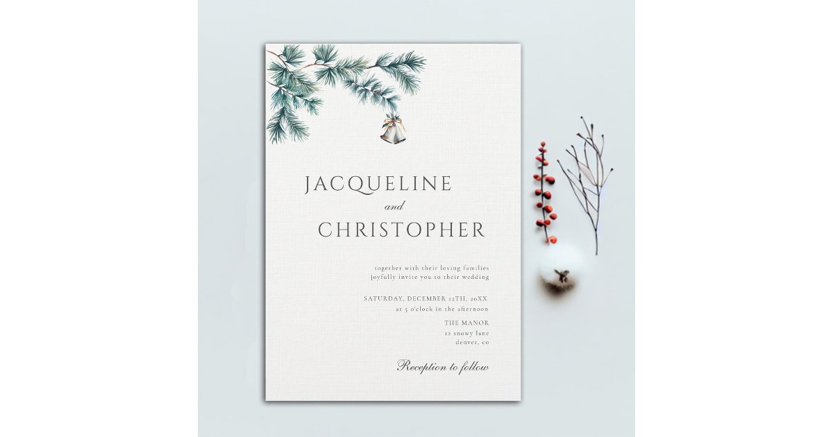 Winter Minimalist Pine Elegant Chic Wedding Bells Invitation | Zazzle