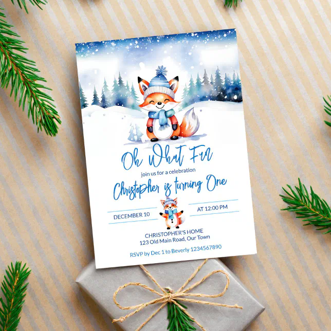 Winter onederalnd cute fox birthday party invitation | Zazzle