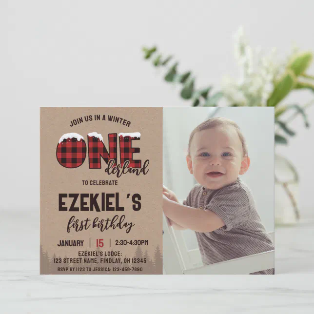 Winter ONEderland Buffalo Plaid Birthday Photo Invitation | Zazzle