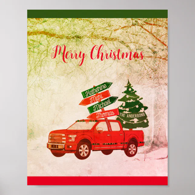 Winter Retro Vintage Red Truck Christmas Poster | Zazzle