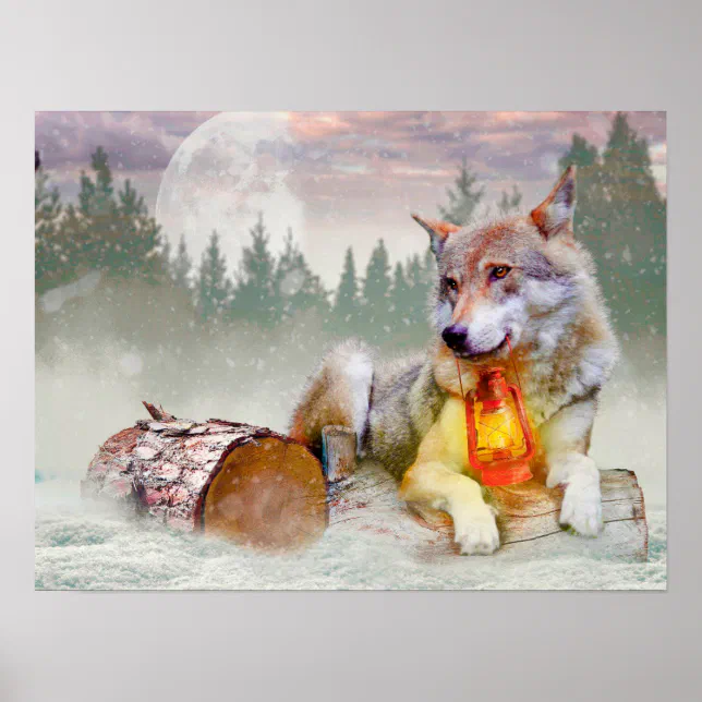 Winter Wolf Snow Christmas Scene Poster | Zazzle