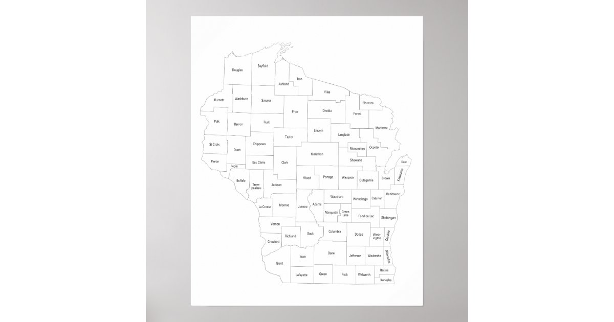 Wisconsin map of counties in the state with names poster | Zazzle