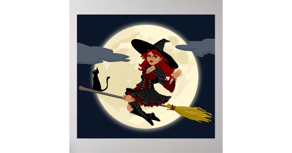Witch Flying on Broom Poster | Zazzle