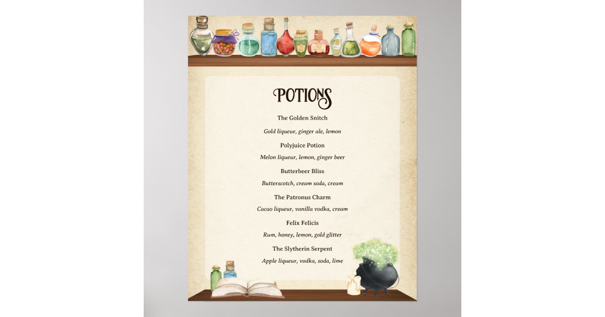 Wizard Party Drinks Menu Potions Bar Menu Poster | Zazzle