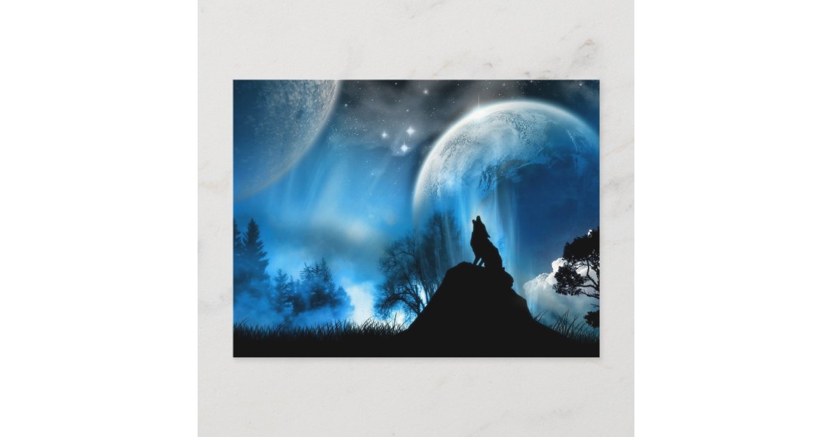 Wolf Howling To 2 Moons Postcard | Zazzle