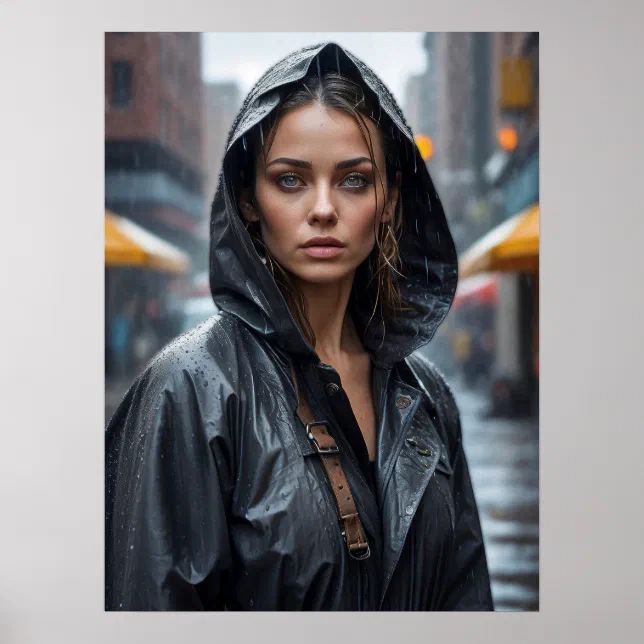 Woman portrait wearing raincoat standing on street poster | Zazzle