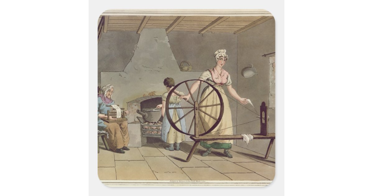 Woman Spinning, from 'Costume of Yorkshire' Square Sticker | Zazzle