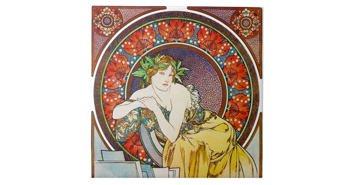 Woman with Poppy, Mucha Tile | Zazzle