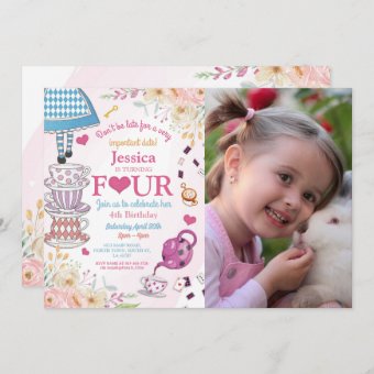 Wonderland Birthday 4th Tea Party Four Girls Photo Invitation | Zazzle