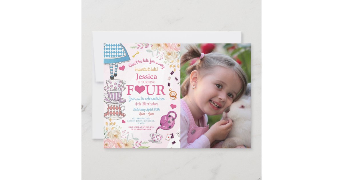 Wonderland Birthday 4th Tea Party Four Girls Photo Invitation | Zazzle