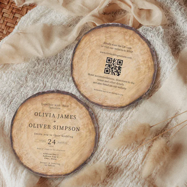 Wood tree stump barn QR code all in one wedding Invitation | Zazzle