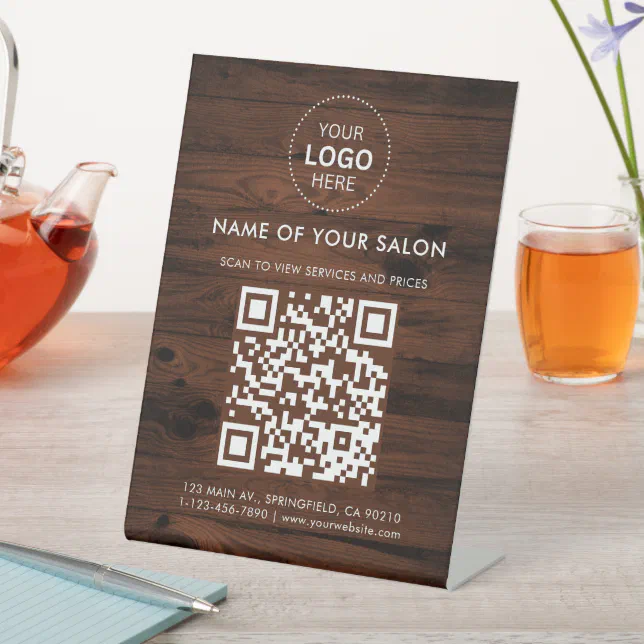 Wooden Colour Salon Business QR Code and Logo Pedestal Sign | Zazzle