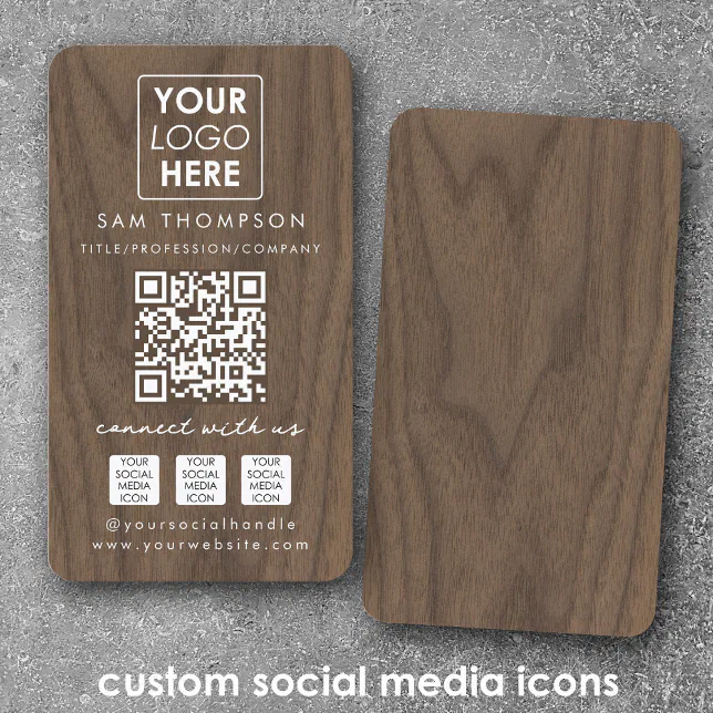 Wooden Connect with Us Social Media QR Code Logo Business Card | Zazzle