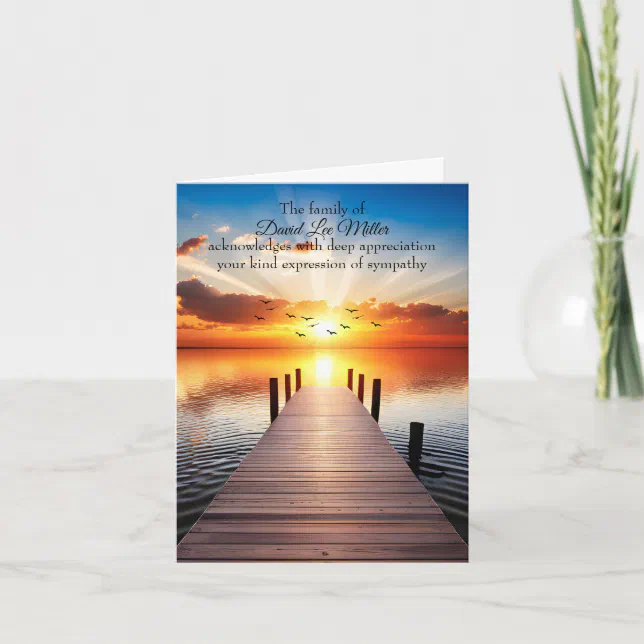 Wooden Dock and Sunrise Sympathy Thank You Card | Zazzle
