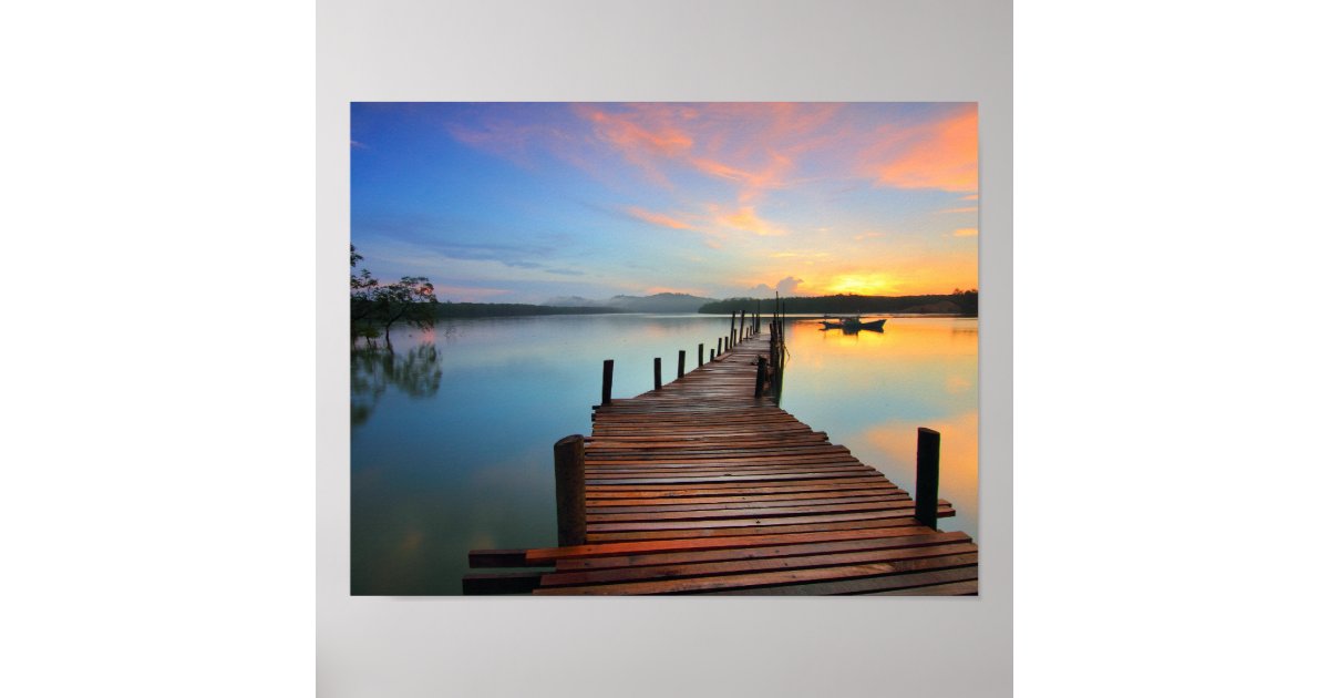 Wooden Dock Seascape in Colourful Sunset Poster | Zazzle