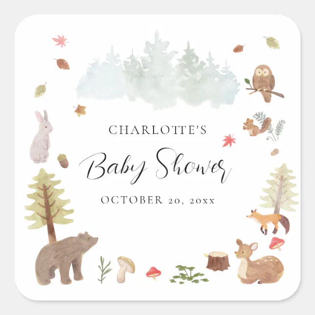 Woodland Animals Autumn Fall Baby Shower Square Sticker | Zazzle