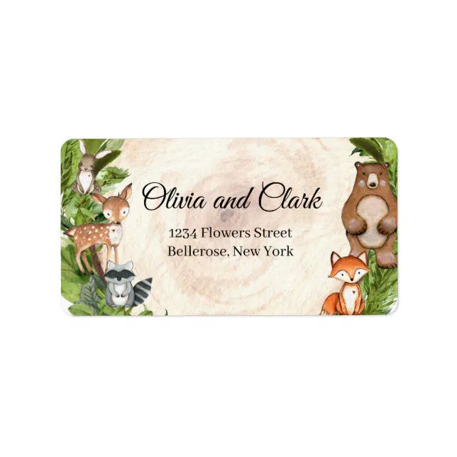 Woodland animals greenery wooden slice label | Zazzle