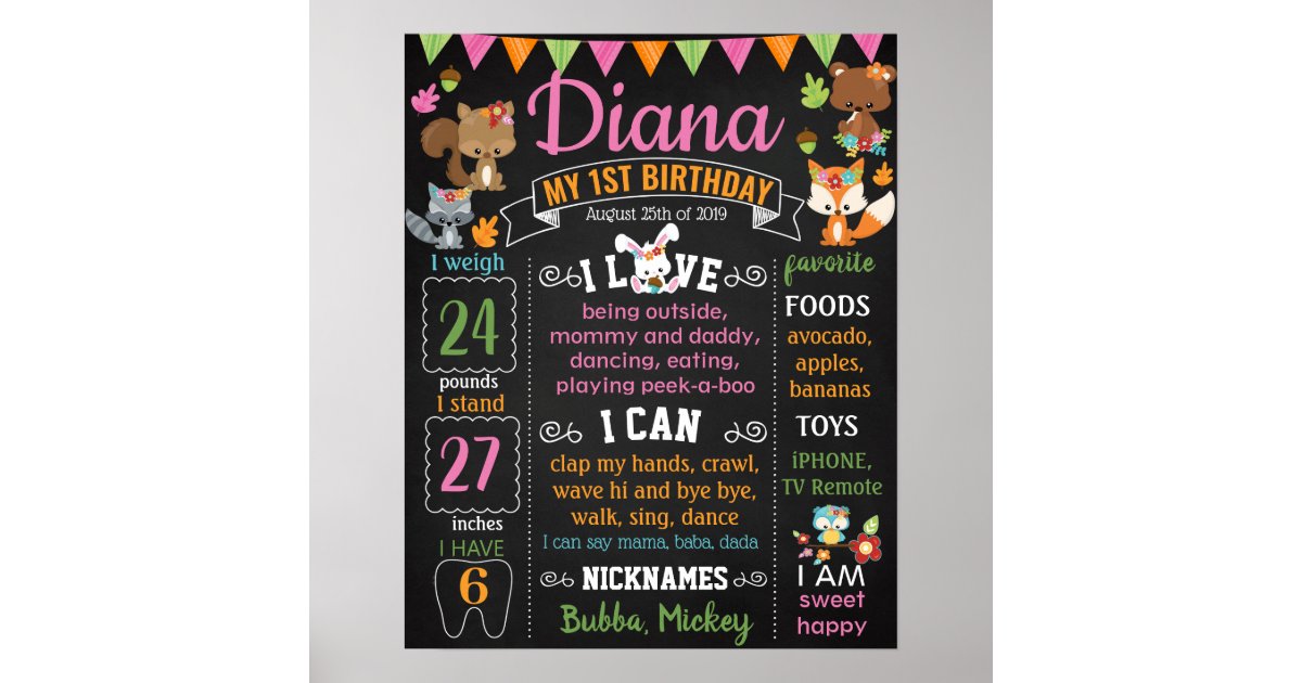 Woodland Forest Animals Birthday milestone Poster | Zazzle