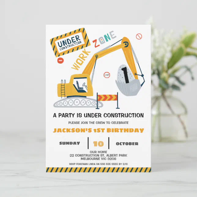 Work Zone Excavator Under Construction Birthday Invitation | Zazzle